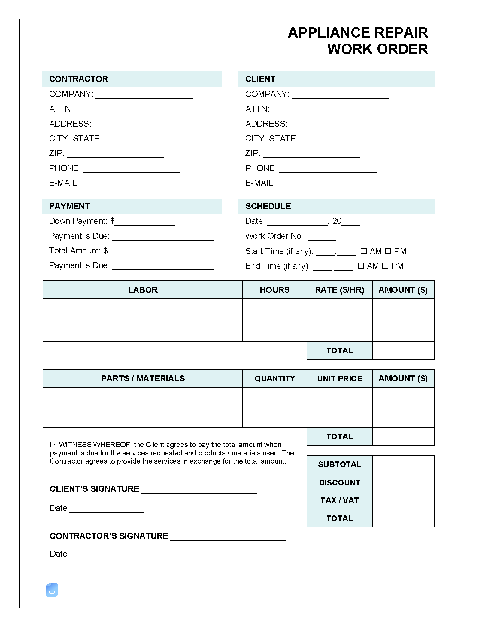 Appliance Repair Work Order Template | Invoice Maker