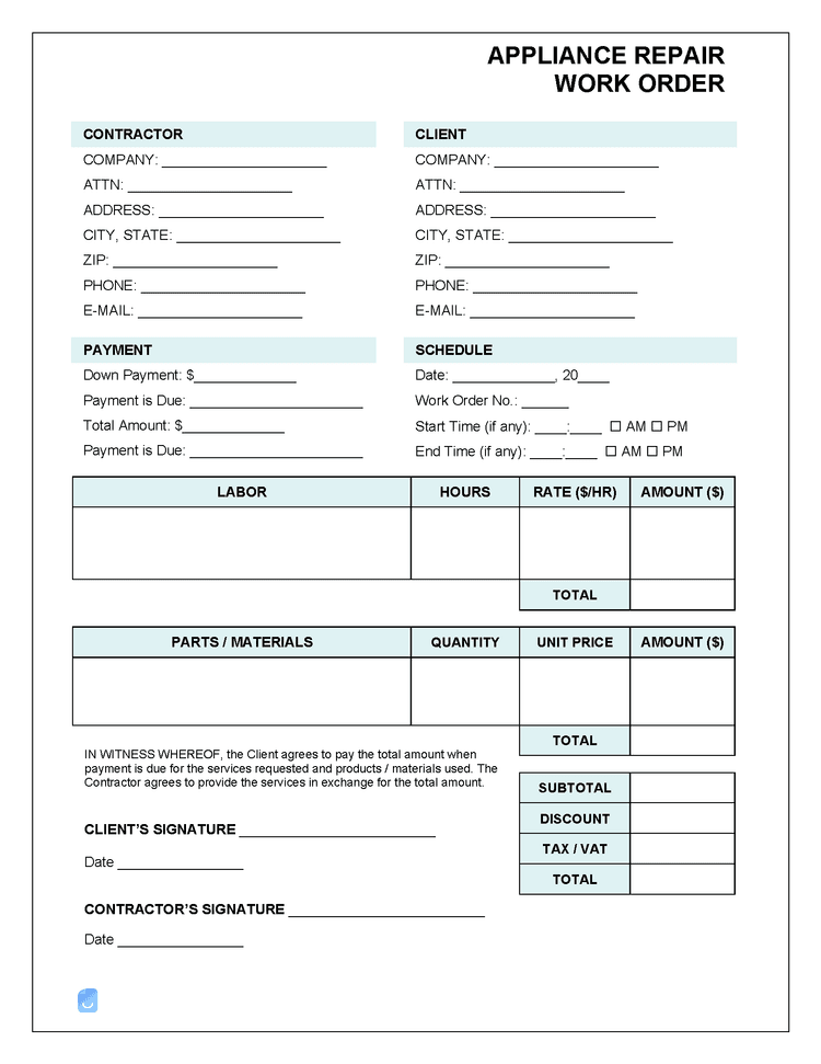 Free Appliance Repair Work Order Template PDF, Word, XLS | Invoice Maker