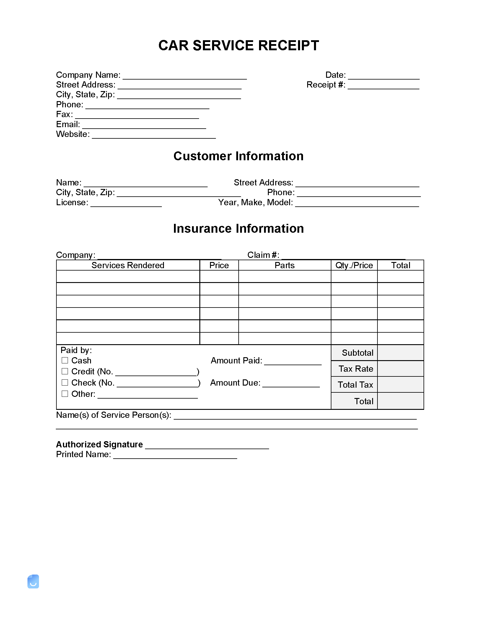 Free Car Service Receipt Template PDF, Word, XLS | Invoice Maker