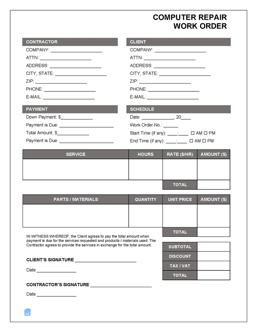 Free Computer Repair Work Order Template PDF, Word, XLS | Invoice Maker