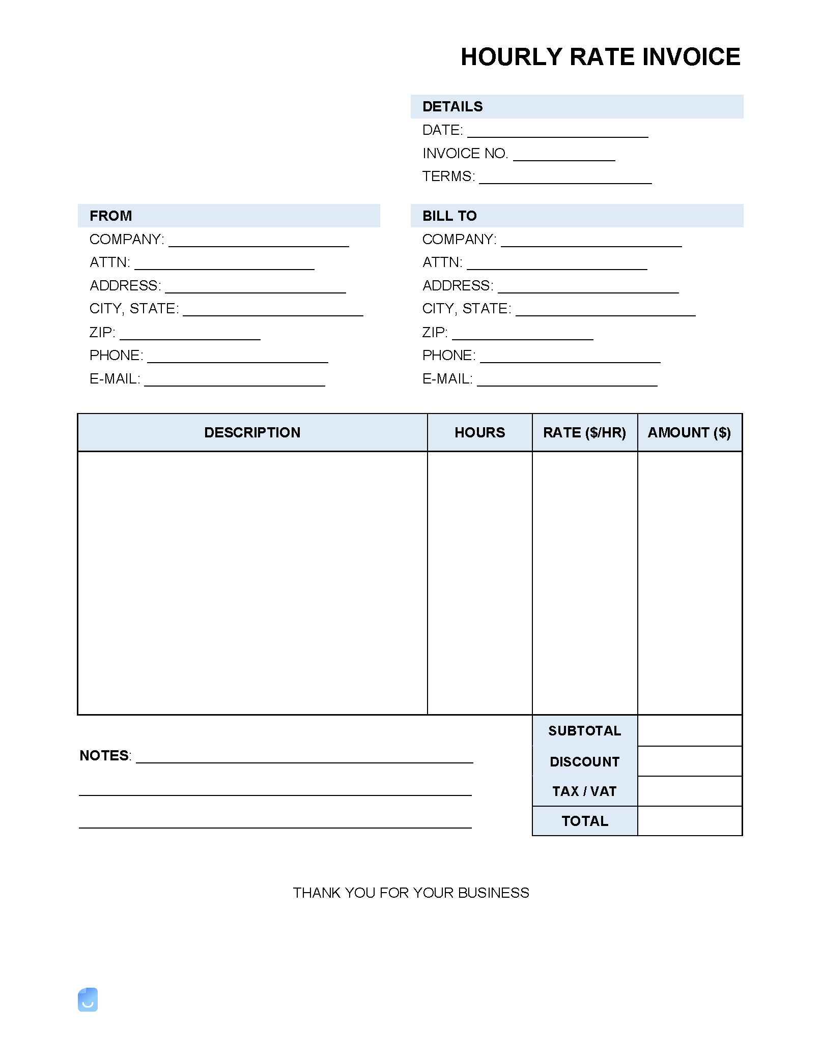 Hourly Rate ($/hr) Invoice Template | Invoice Maker