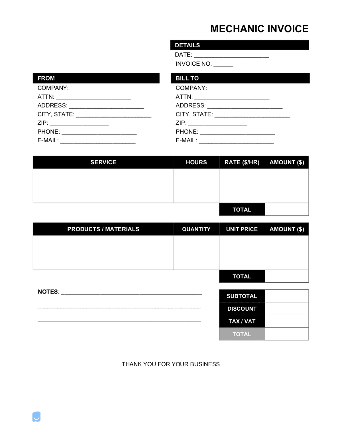 Free Mechanic Invoice Template PDF, Word, XLS | Invoice Maker