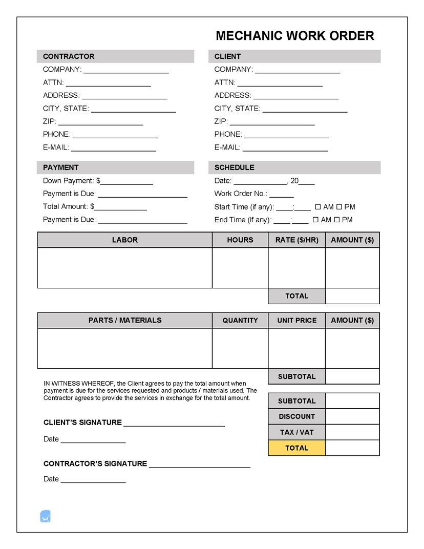 Mechanic Work Order Template | Invoice Maker