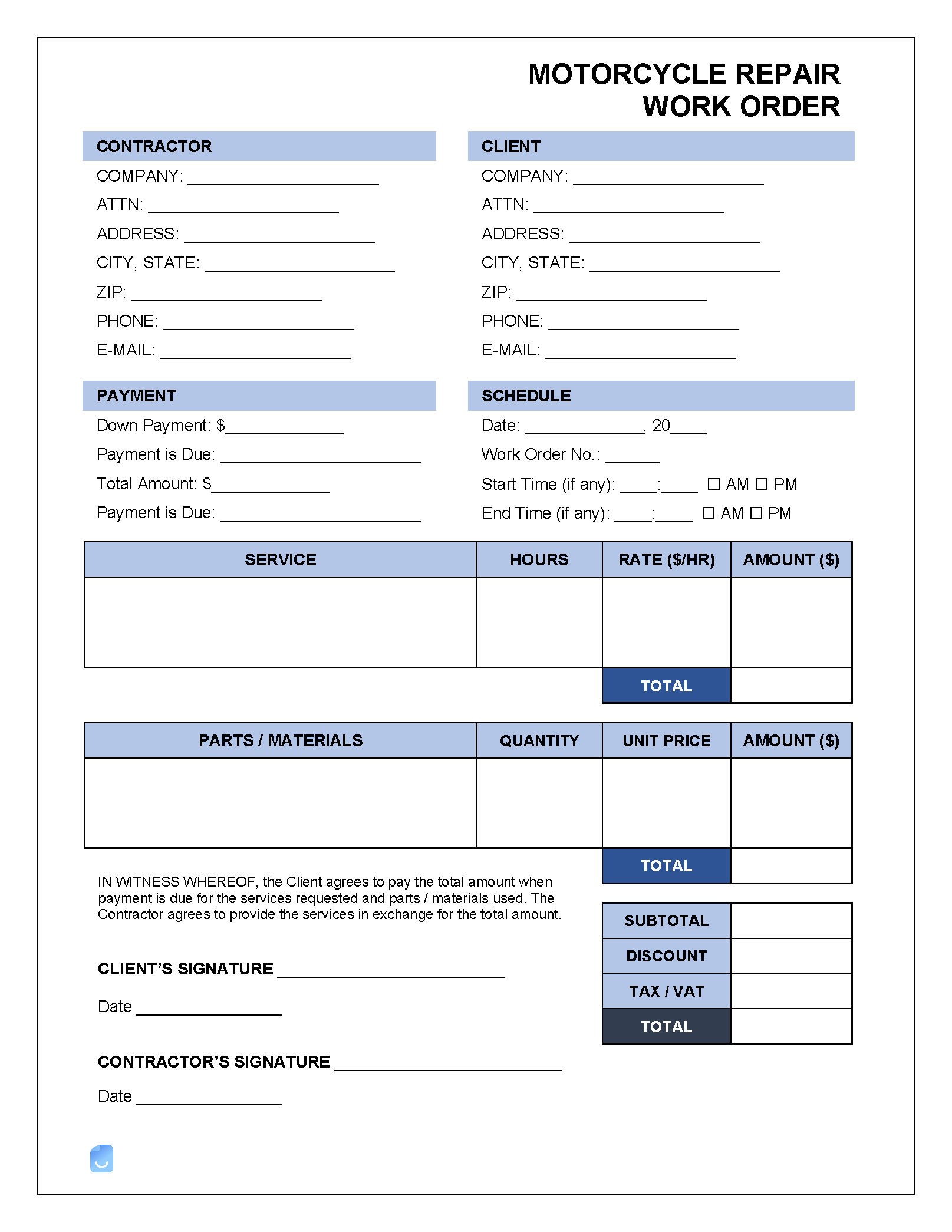 Motorcycle Repair Work Order Template | Invoice Maker