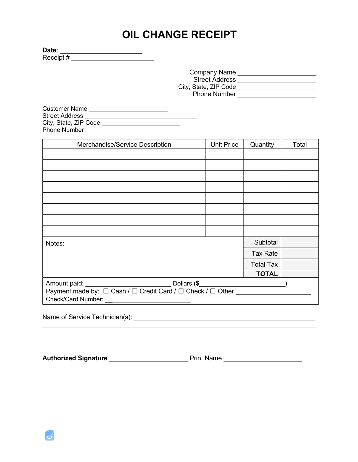 Oil Change Receipt Template | Invoice Maker