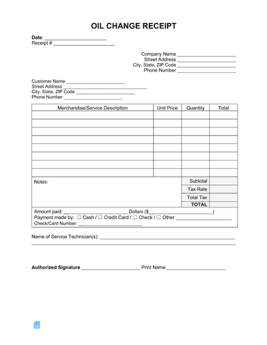 Oil Change Receipt Template | Invoice Maker