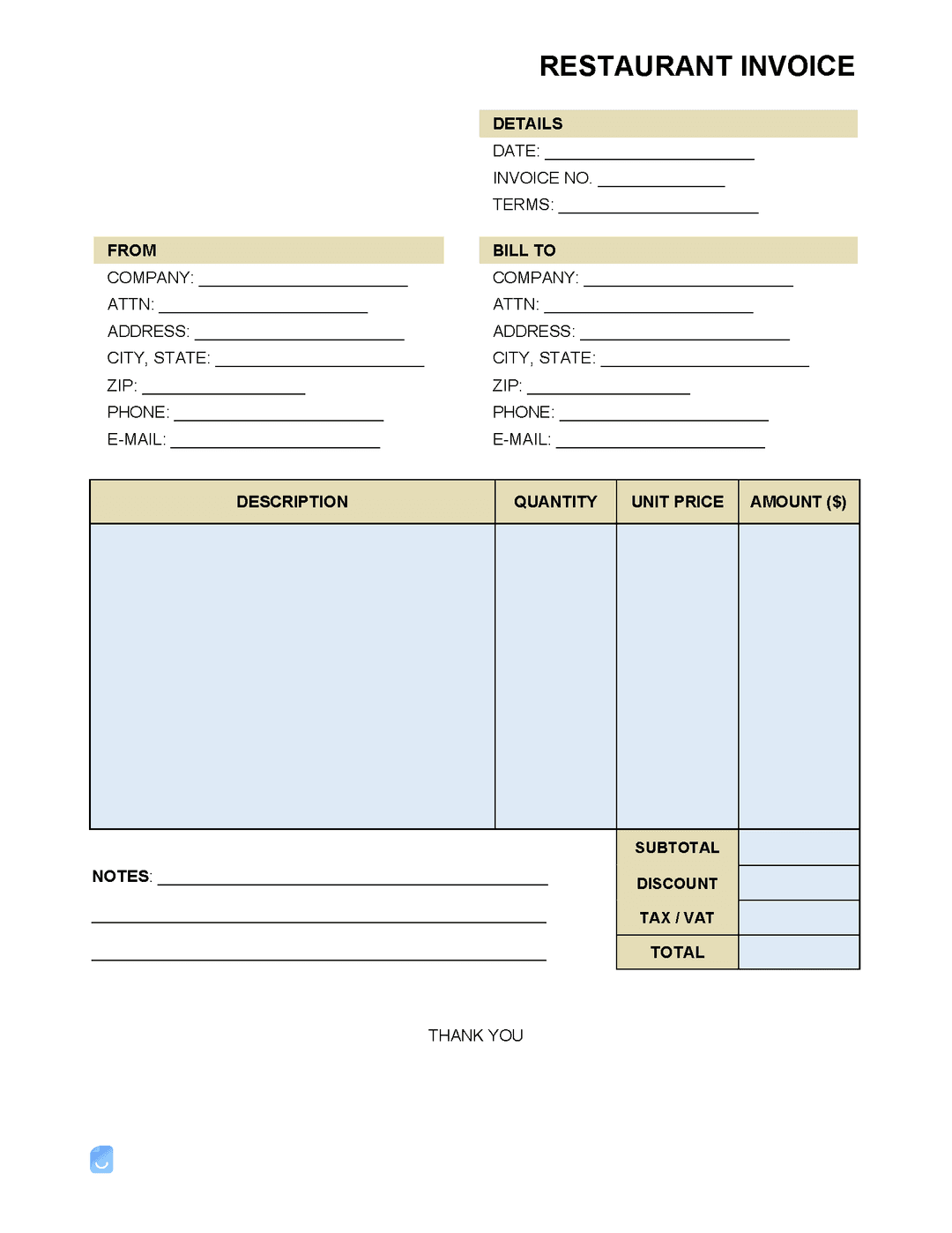 Free Restaurant Invoice Template PDF, Word, XLS | Invoice Maker