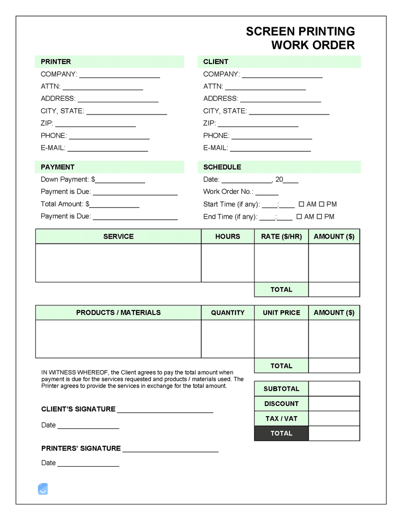 Screen Printing Work Order Template | Invoice Maker