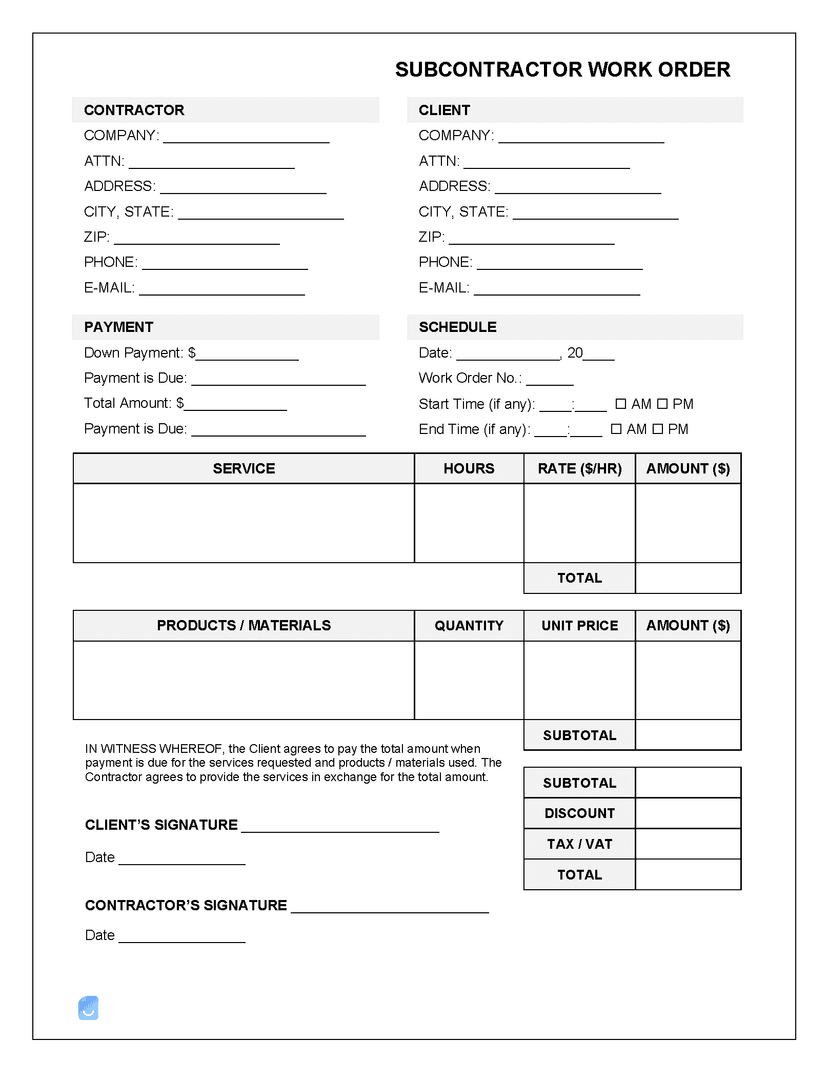 Subcontractor Work Order Template | Invoice Maker