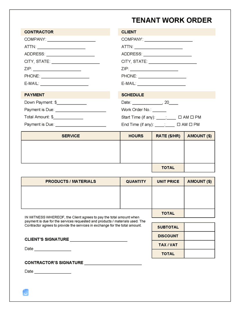 Free Tenant Work Order Template PDF, Word, XLS | Invoice Maker
