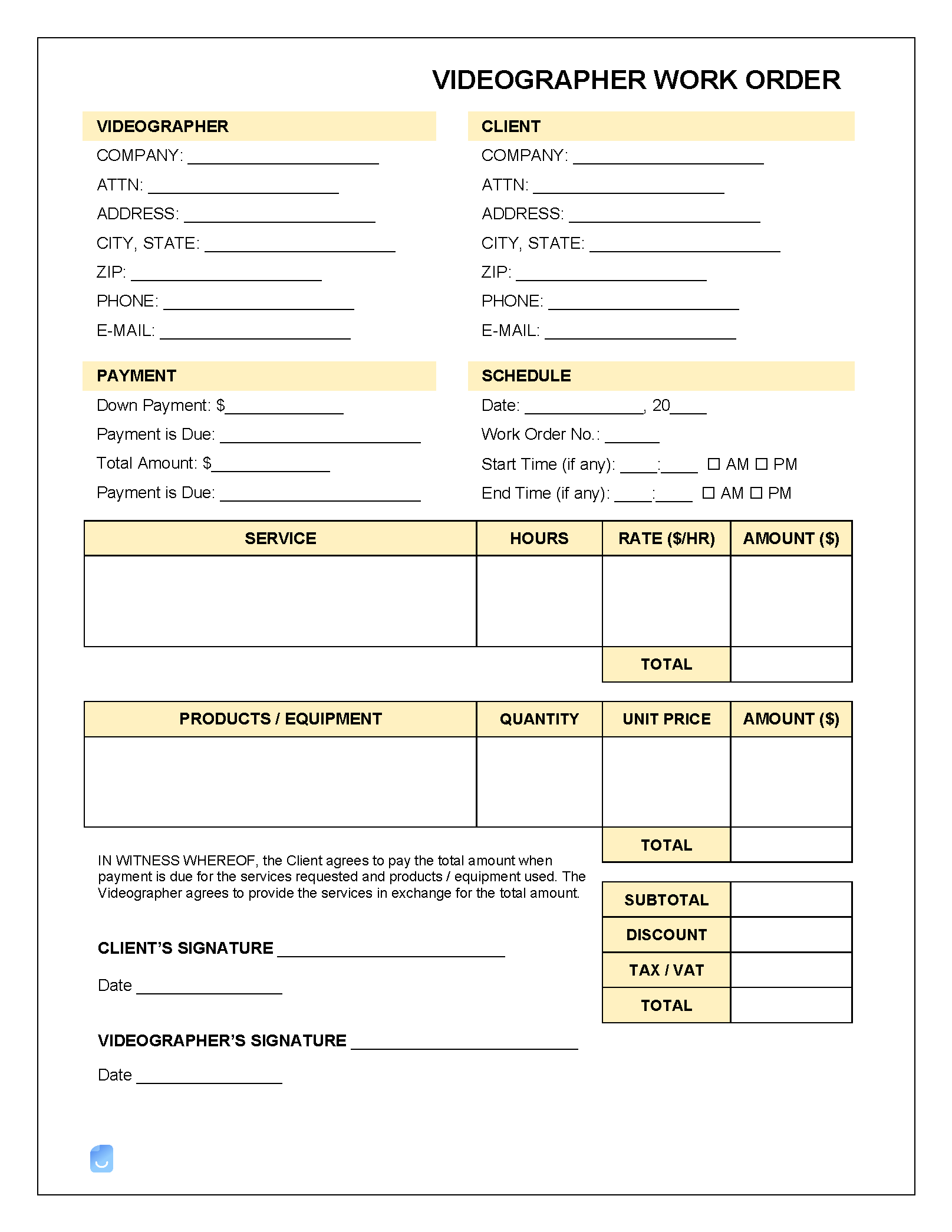 Videographer Work Order Template | Invoice Maker
