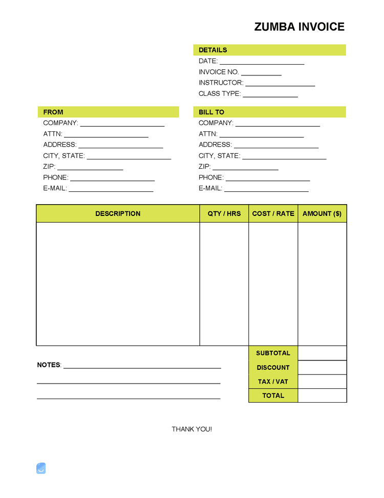 Zumba Class Invoice Template | Invoice Maker