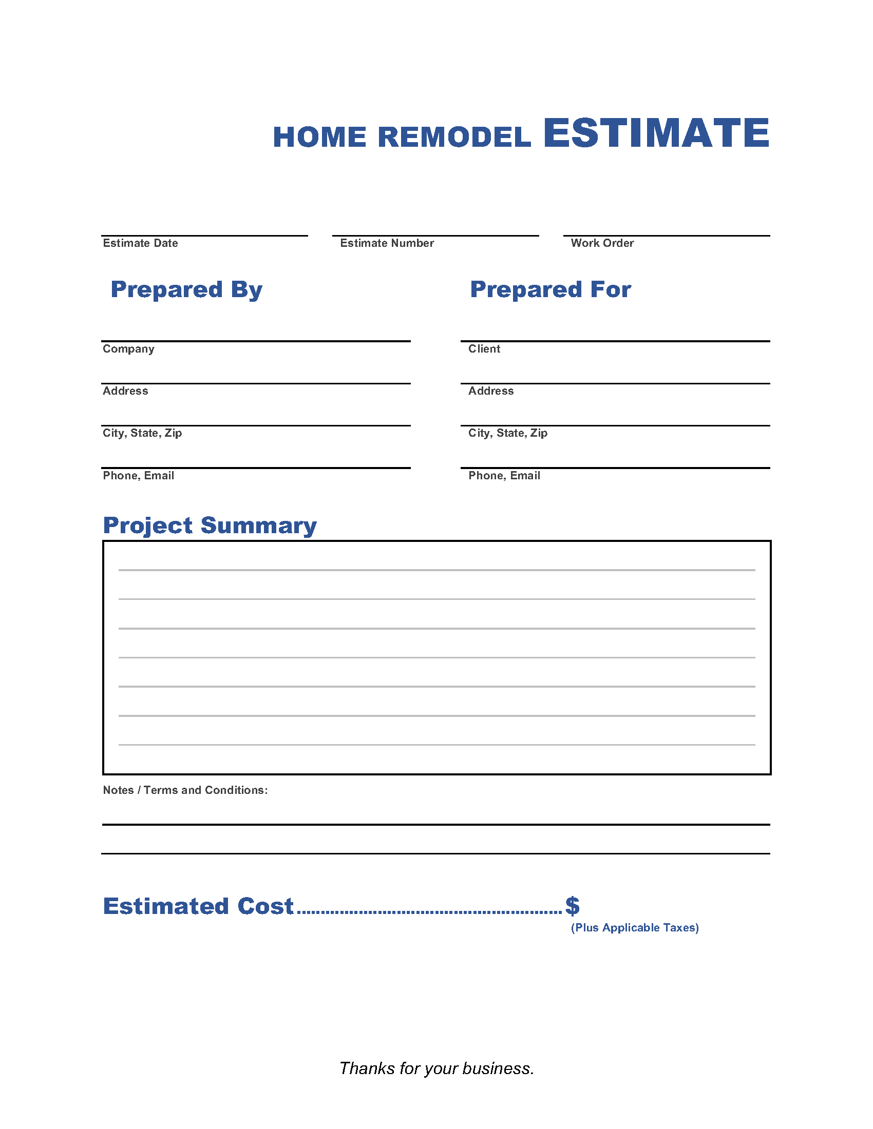 Home Remodel Estimate Template | Invoice Maker