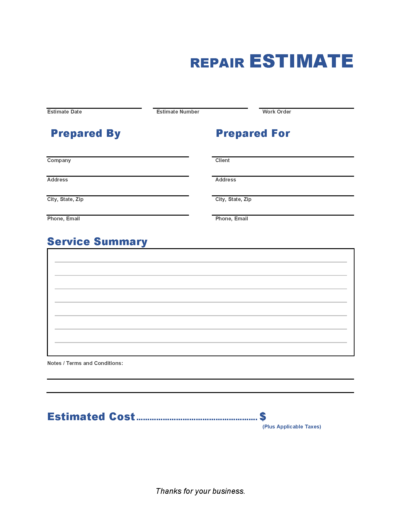 Repair Estimate Form Template 28 Free Estimate Template Forms