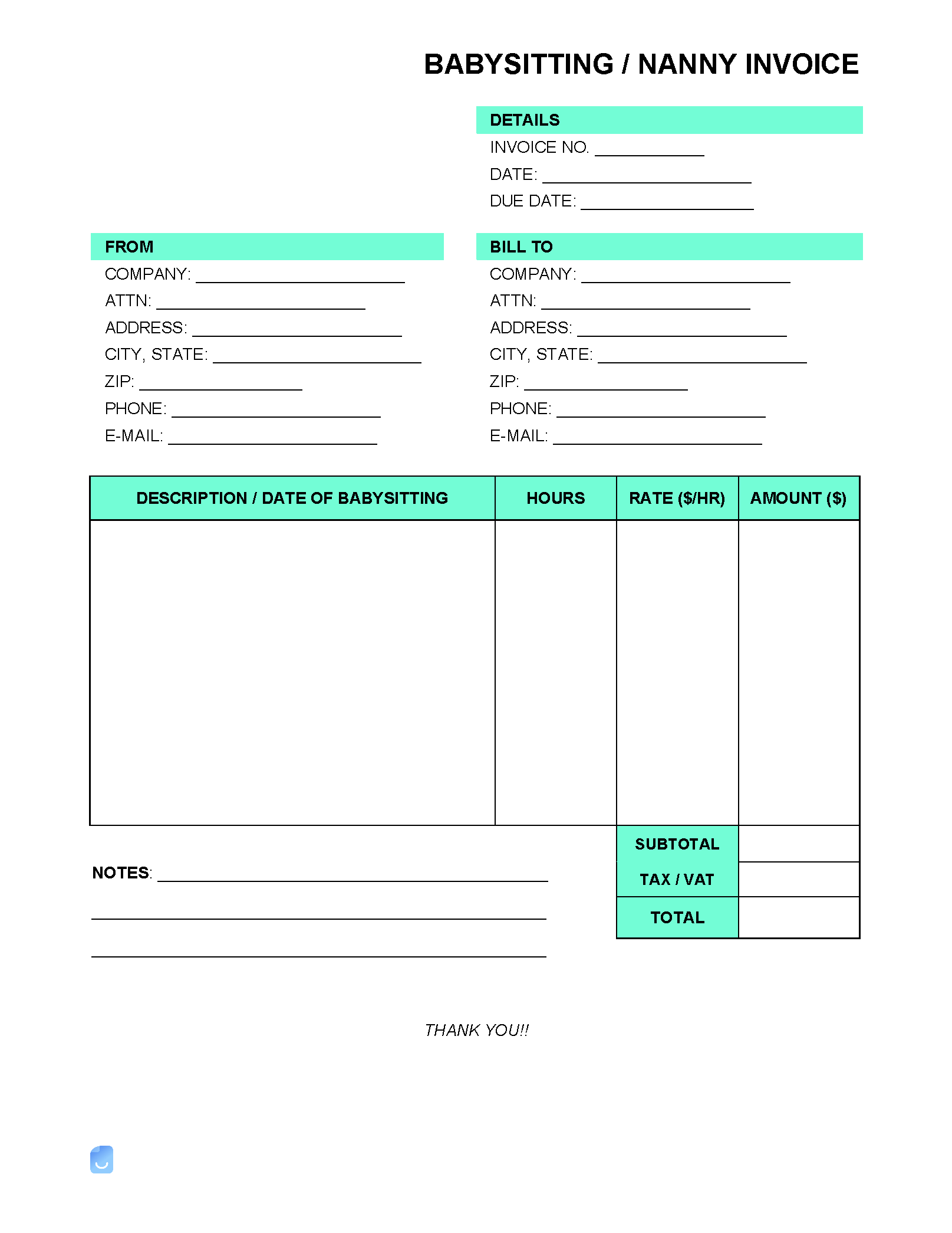 Free Babysitting (Nanny) Invoice Template PDF, Word, XLS | Invoice Maker