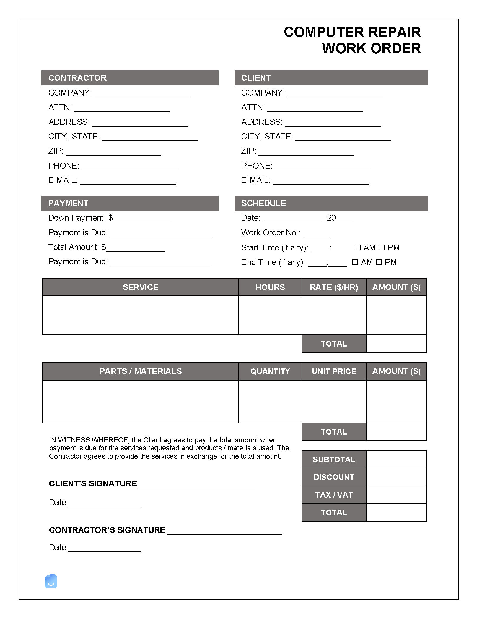 Repair Order Form Printable